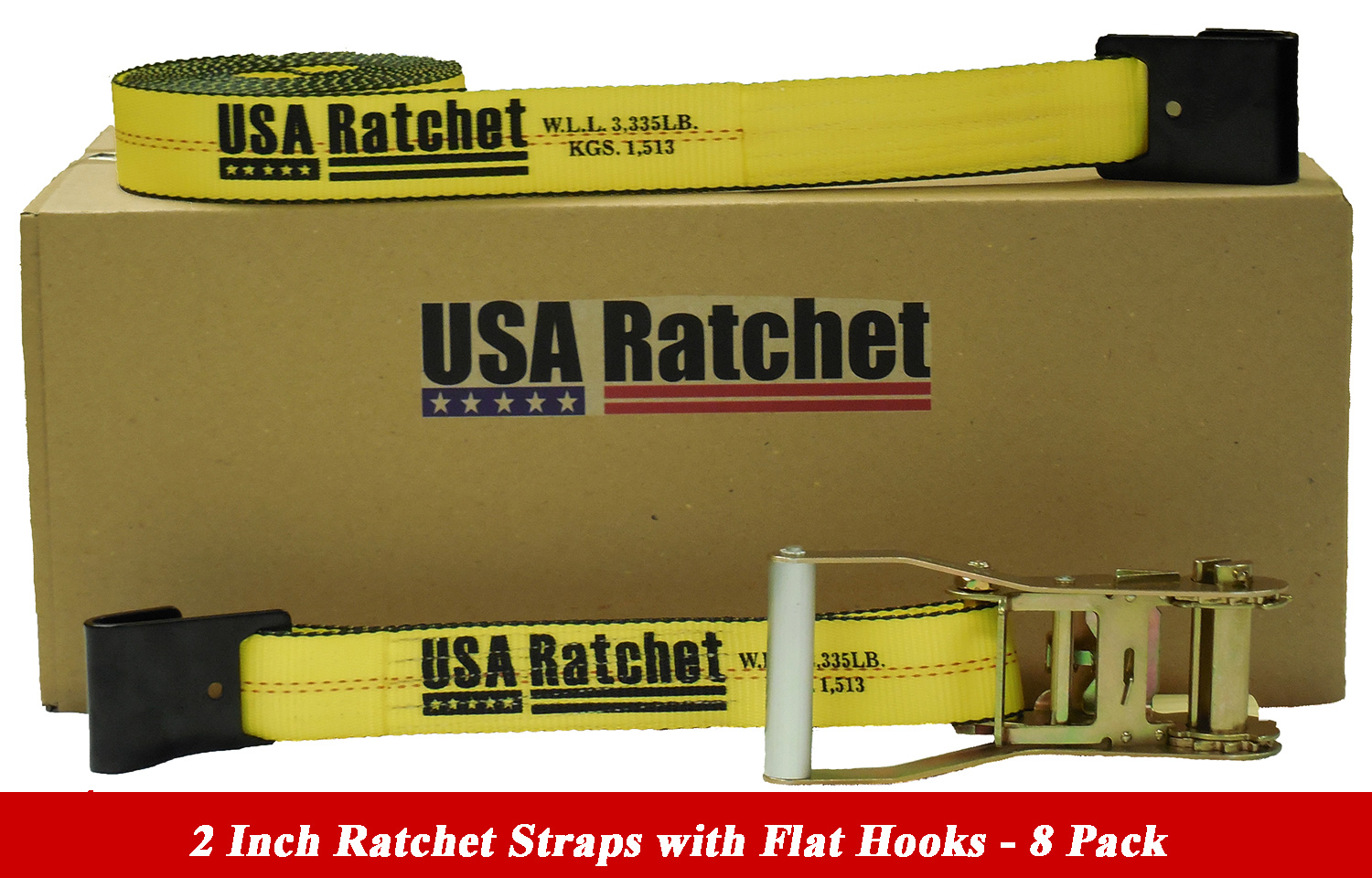 USA Ratchet | 2" Ratchet Strap with Flat Hooks - 8 Pack | Made in the USA