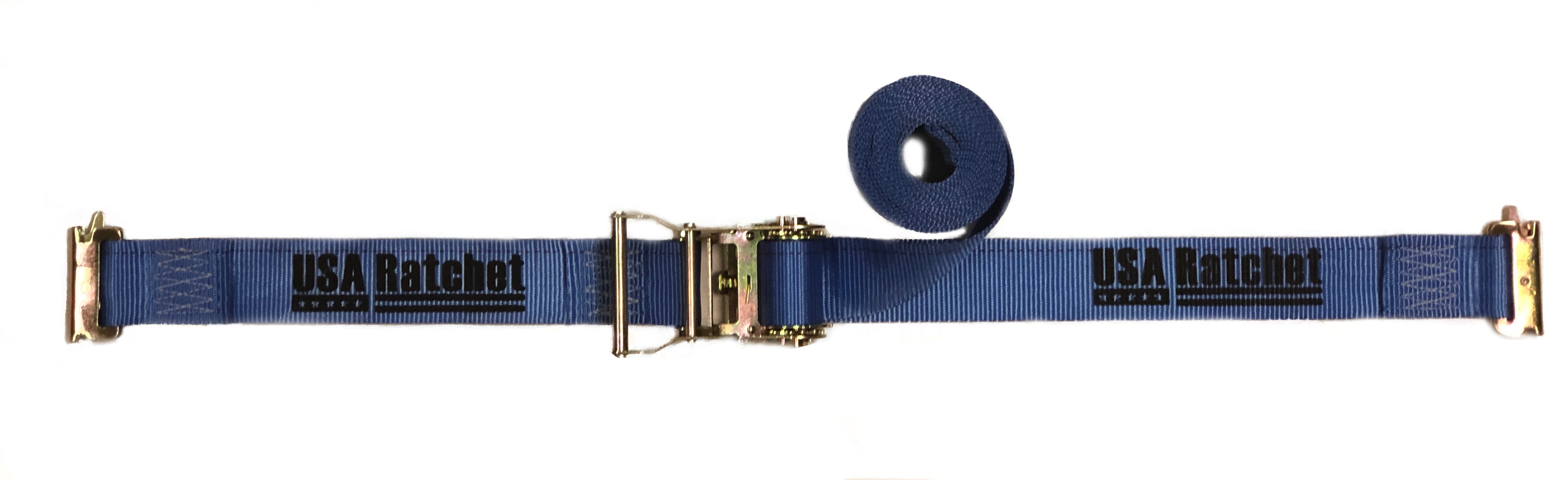 USA Ratchet | 2" x 20' Blue Interior Ratchet Strap with Spring E Fittings